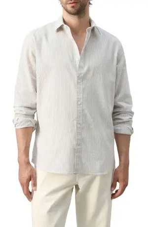 Mango Regular Fit Stripe Cotton & Linen Button-up Shirt - Sand