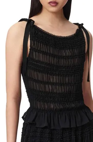 ALLSAINTS Lotus Sheer Shirred Tie Shoulder Peplum Top
