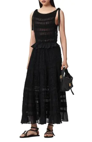 ALLSAINTS Lotus Sheer Shirred Tie Shoulder Peplum Top