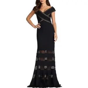 Tadashi Shoji Pintuck Ladder Stitch Lace Inset Trumpet Gown - Black