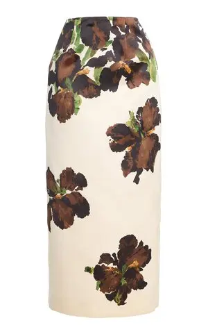 Oscar De La Renta Watercolor Iris Satin Pencil Midi Skirt - Ivory