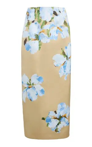Oscar De La Renta Watercolor Iris Satin Pencil Midi Skirt - Neutral