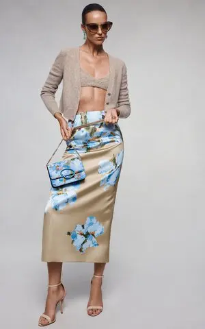 Oscar De La Renta Watercolor Iris Satin Pencil Midi Skirt