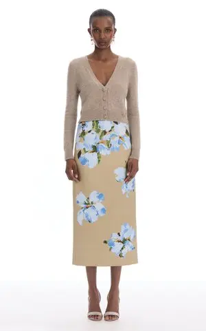 Oscar De La Renta Watercolor Iris Satin Pencil Midi Skirt