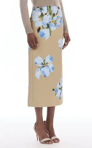 Oscar De La Renta Watercolor Iris Satin Pencil Midi Skirt
