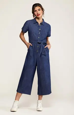 YUMI Chambray Button Jumpsuit - Blue