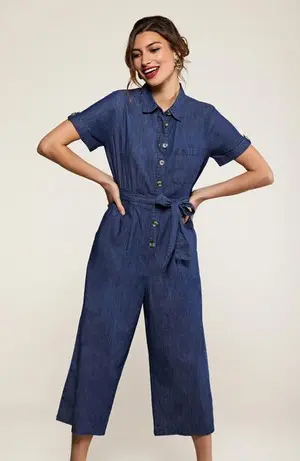 YUMI Chambray Button Jumpsuit - Blue