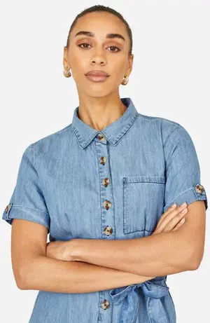 YUMI Chambray Light Denim Button Jumpsuit - Light Blue