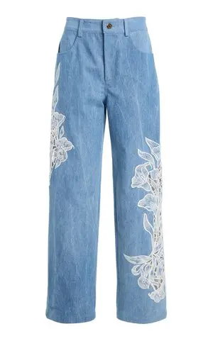 Oscar De La Renta Embroidered Denim Straight-leg Jeans