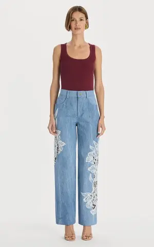 Oscar De La Renta Embroidered Denim Straight-leg Jeans