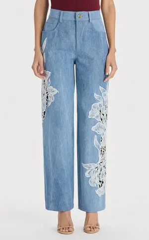 Oscar De La Renta Embroidered Denim Straight-leg Jeans