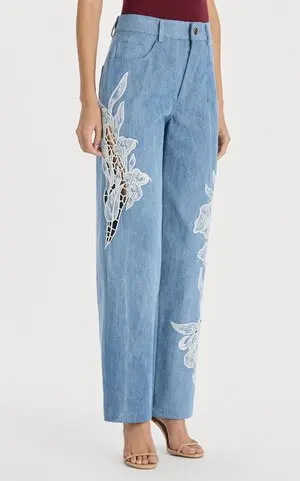 Oscar De La Renta Embroidered Denim Straight-leg Jeans