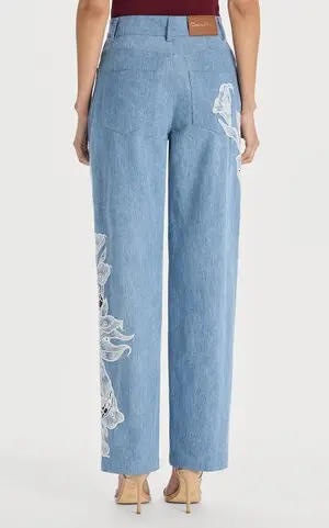 Oscar De La Renta Embroidered Denim Straight-leg Jeans