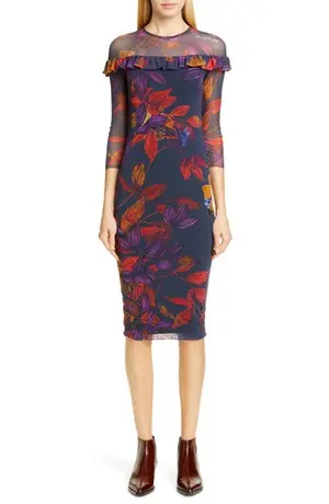 FUZZI Floral Ruffle Trim Sheer Sleeve Dress - Avio