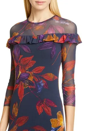 FUZZI Floral Ruffle Trim Sheer Sleeve Dress