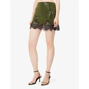 SELF-PORTRAIT Chainmail Crystal Mini Skirt With Lace Trim
