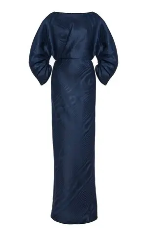 Oscar De La Renta Puff-sleeve Moire Silk-gazar Caftan - Navy
