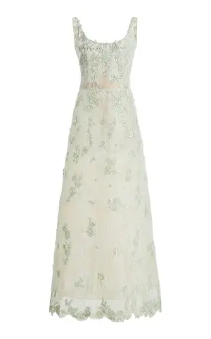 OSCAR DE LA RENTA Oscar De La Renta Embroidered Floral Chantilly Lace Maxi Dress
