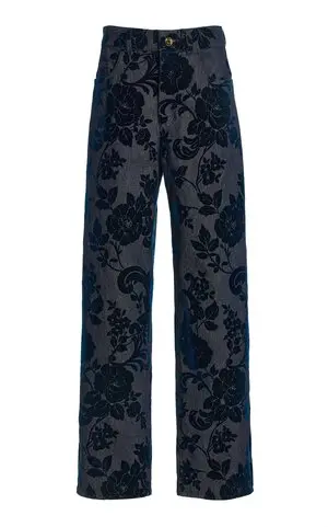 Oscar De La Renta Flocked Floral Denim Straight-leg Pants - Navy