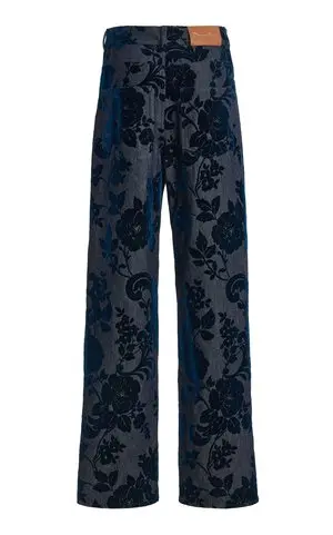 Oscar De La Renta Flocked Floral Denim Straight-leg Pants