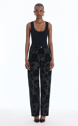 Oscar De La Renta Flocked Floral Denim Straight-leg Pants