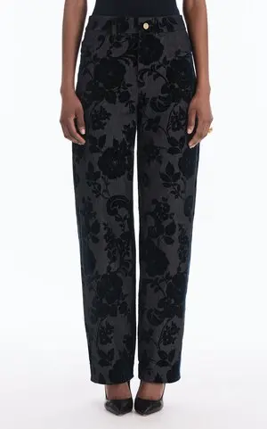 Oscar De La Renta Flocked Floral Denim Straight-leg Pants