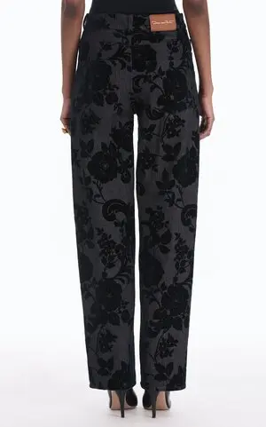 Oscar De La Renta Flocked Floral Denim Straight-leg Pants