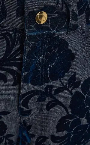 Oscar De La Renta Flocked Floral Denim Straight-leg Pants