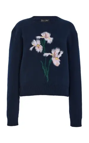 Oscar De La Renta Needle-punch Iris Wool Sweater - Navy