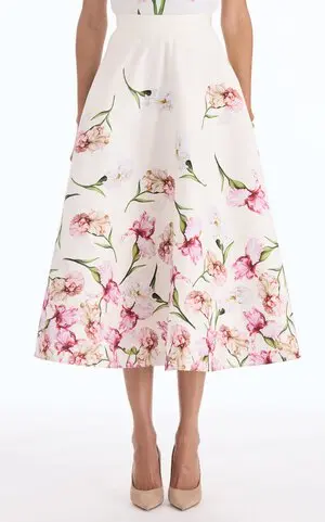 Oscar De La Renta Painted Iris Poplin A-line Midi Skirt