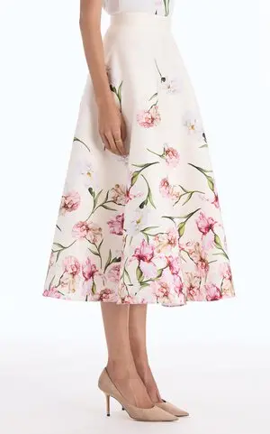 Oscar De La Renta Painted Iris Poplin A-line Midi Skirt
