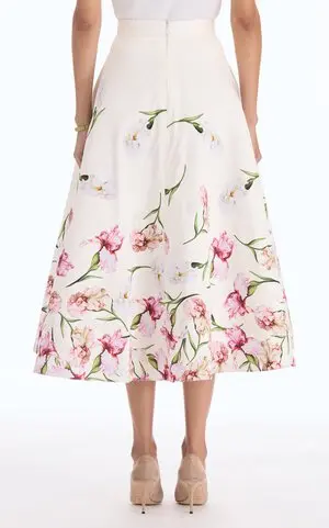 Oscar De La Renta Painted Iris Poplin A-line Midi Skirt