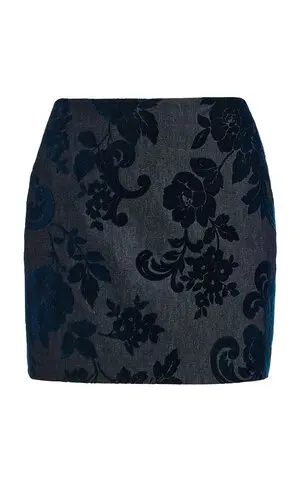 Oscar De La Renta Flocked Floral Denim Mini Skirt - Navy
