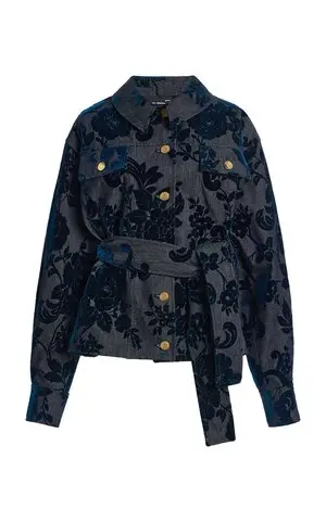 Oscar De La Renta Flocked Floral Denim Jacket - Navy