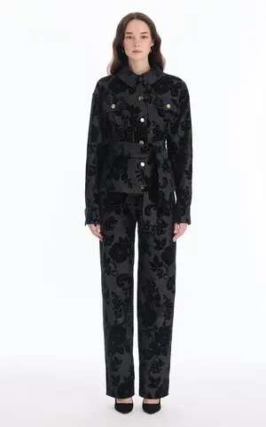 Oscar De La Renta Flocked Floral Denim Jacket