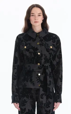 Oscar De La Renta Flocked Floral Denim Jacket