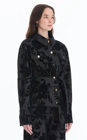 Oscar De La Renta Flocked Floral Denim Jacket