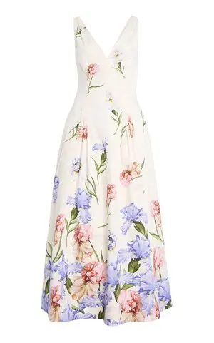 Oscar De La Renta V-neck Iris Poplin Midi Dress - Ivory