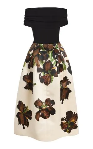 Oscar De La Renta Off-the-shoulder Knit And Woven Floral Maxi Dress