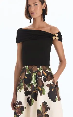 Oscar De La Renta Off-the-shoulder Knit And Woven Floral Maxi Dress