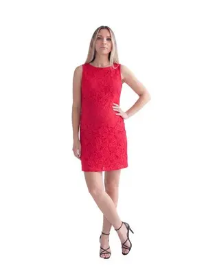 24SEVEN COMFORT APPAREL Sleeveless Lace Boat Neck Mini Shift Dress - Fuchsia