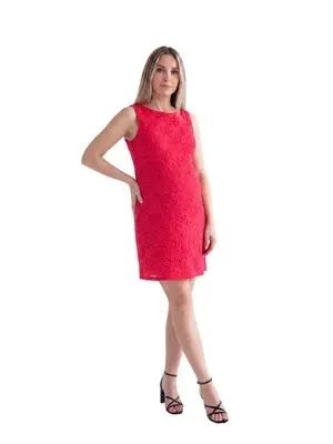 24SEVEN COMFORT APPAREL Sleeveless Lace Boat Neck Mini Shift Dress - Fuchsia