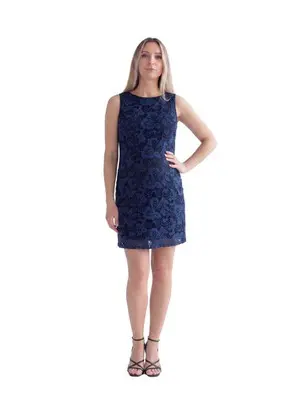 24SEVEN COMFORT APPAREL 24seven Comfort Apparel Sleeveless Lace Boat Neck Mini Shift Dress Navy