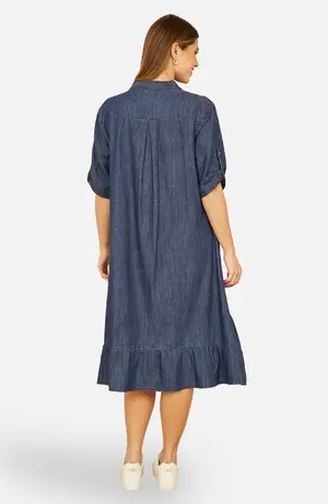 YUMI Denim Dip Hem Relaxed Fit Shirt Dress