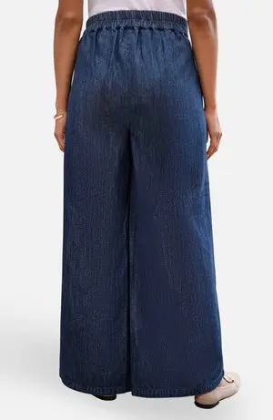 YUMI Chambray Wide Leg Trousers With Side Buttons