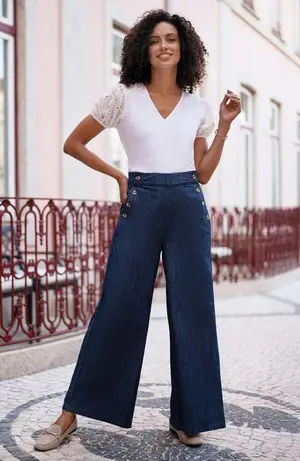 YUMI Chambray Wide Leg Trousers With Side Buttons