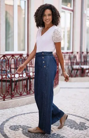 YUMI Chambray Wide Leg Trousers With Side Buttons