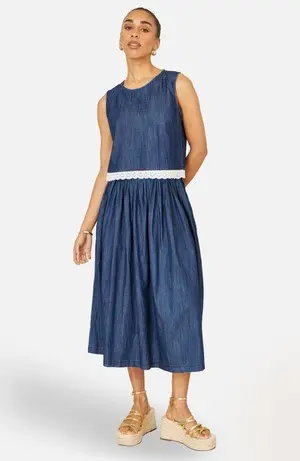 YUMI Denim Chambray Gathered Midi Skirt