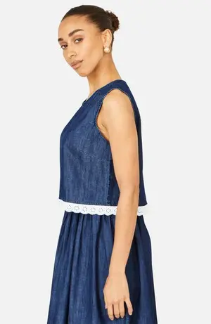 YUMI Cotton Chambray Lace Trim Sleeveless Top