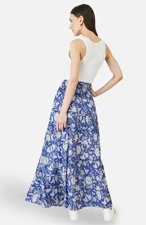 YUMI Floral Cotton Tiered Maxi Skirt